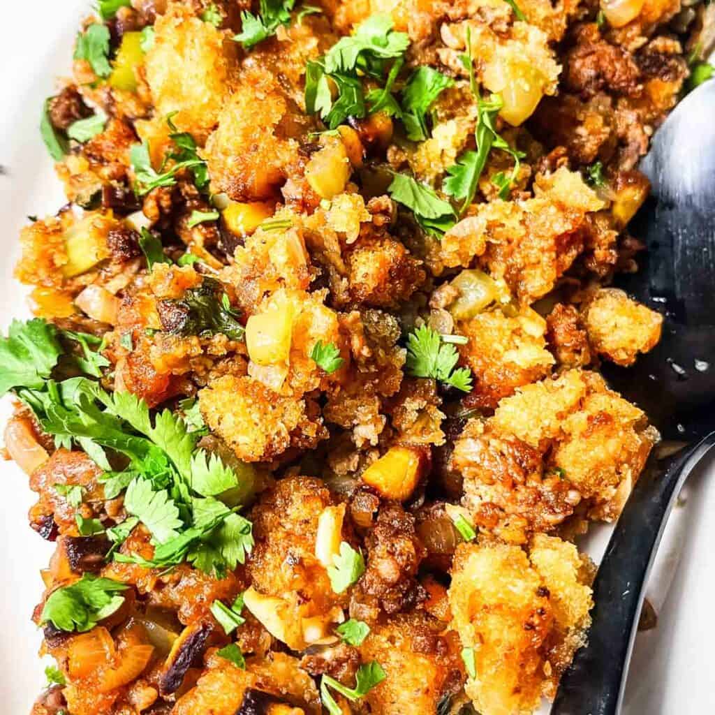 Chorizo Cornbread Stuffing (Mexican Corn Bread Dressing) - Meghan It Up