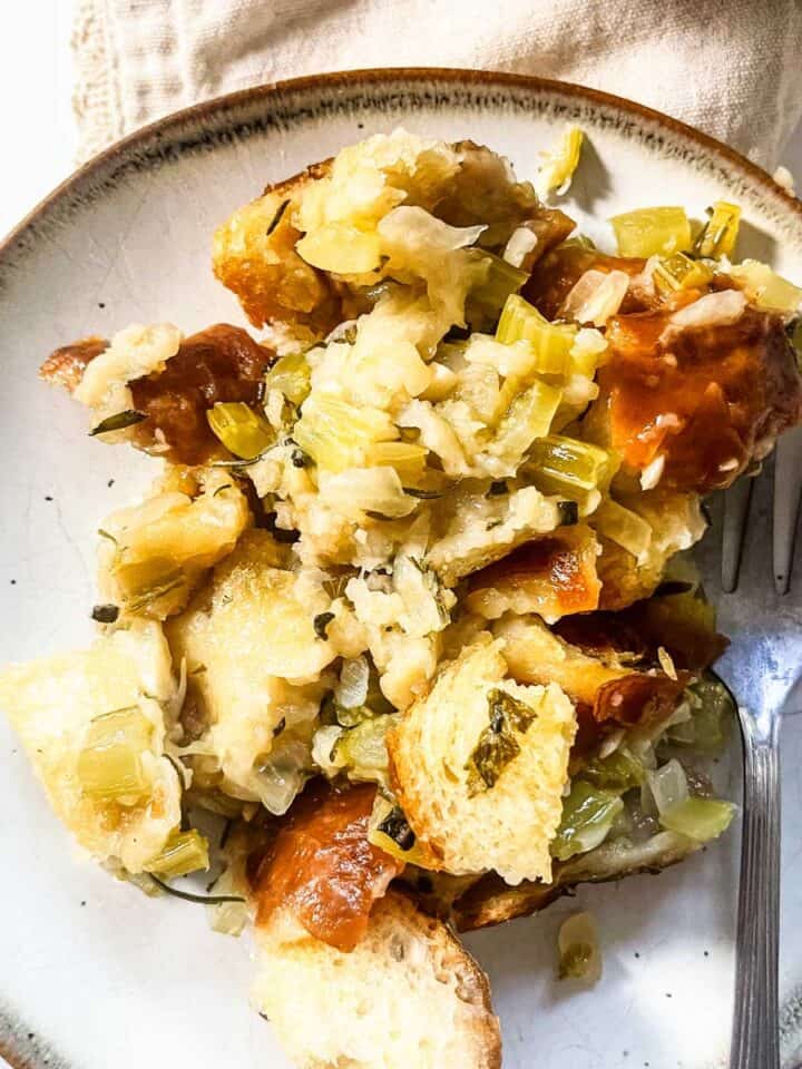 Herby Croissant Stuffing Recipe with Mushrooms and Onion - Meghan It Up